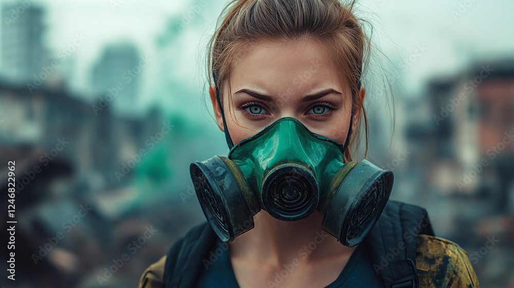 Foto de Stock Beautiful young woman wearing a respirator gas mask to ...