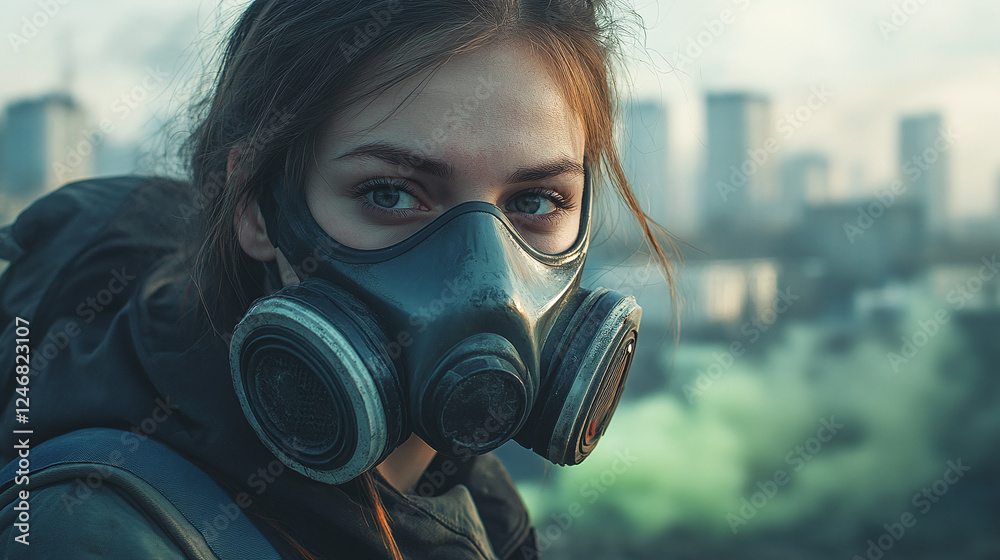 Beautiful young woman wearing a respirator gas mask to protect herself ...