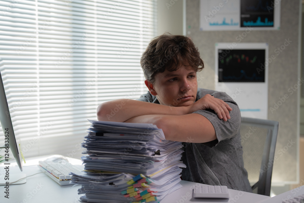 Young office worker leans on a stack of documents, appearing stressed ...