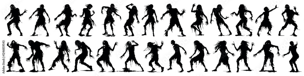 Zombie silhouette vector set. Living dead in motion. Crowd of ...