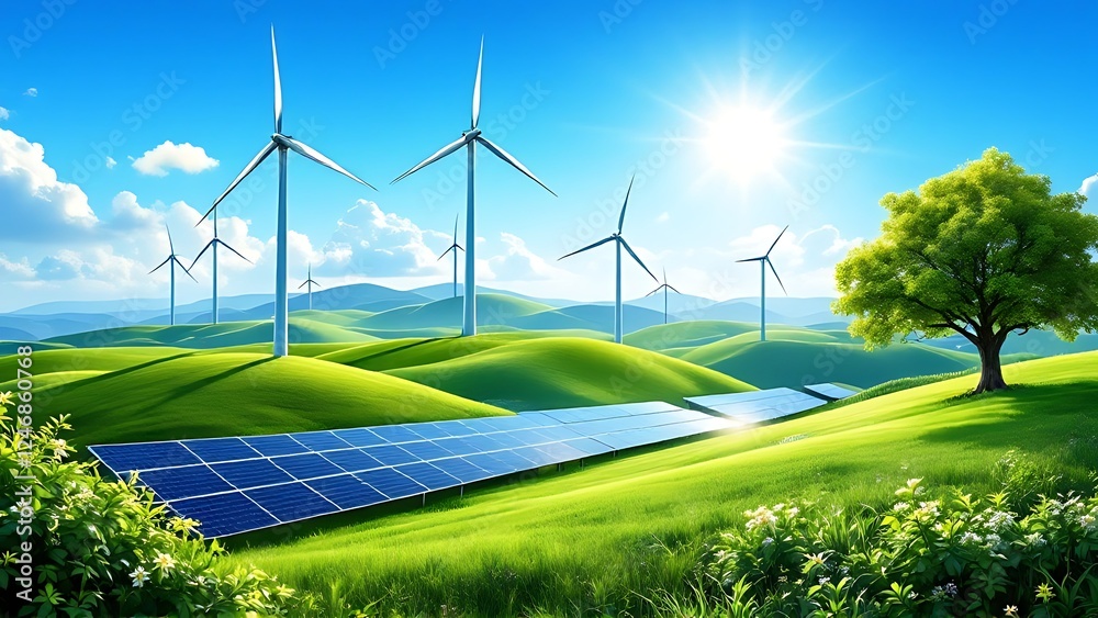 Renewable energy banner background with green energy as wind turbines ...