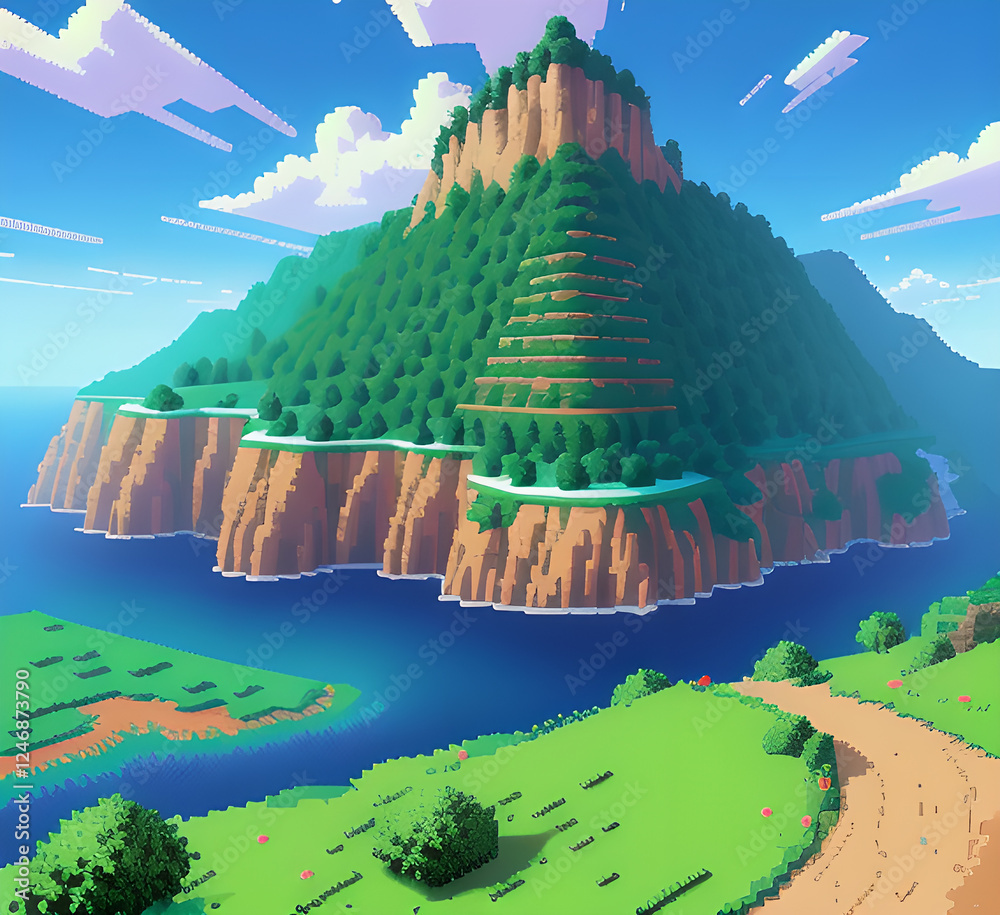 8 bit pixel art arcade game prehistoric waterfall cascade and mountains ...