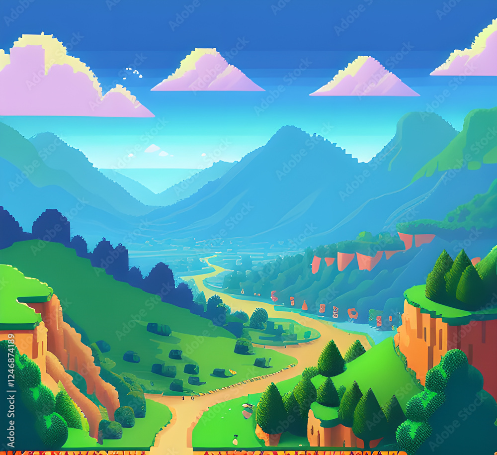 8 bit pixel art arcade game prehistoric waterfall cascade and mountains ...