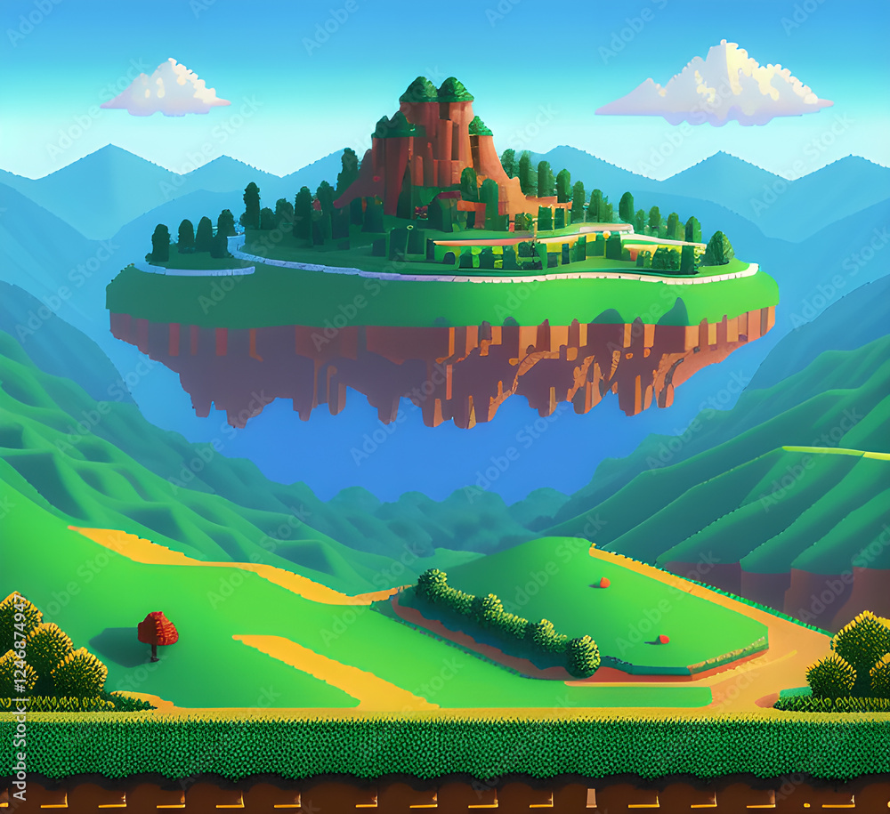 8 bit pixel art arcade game prehistoric waterfall cascade and mountains ...