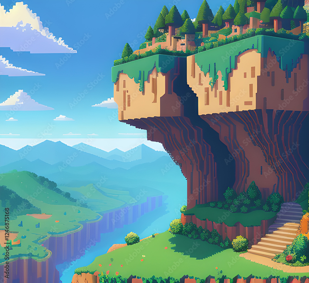 8 bit pixel art arcade game prehistoric waterfall cascade and mountains ...