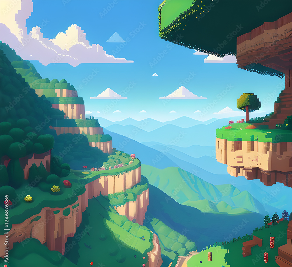 8 bit pixel art arcade game prehistoric waterfall cascade and mountains ...