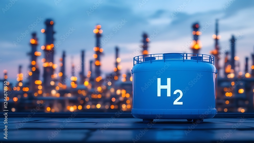 Close up of an industrial "H2" fuel storage tank with a hydrogen power ...