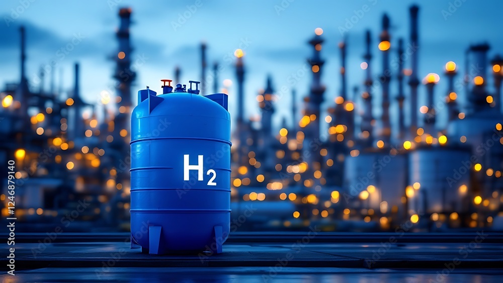 Close up of an industrial "H2" fuel storage tank with a hydrogen power ...