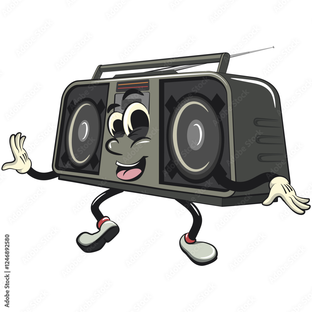 Cartoon retro groovy tape recorder boombox character doing wave ...