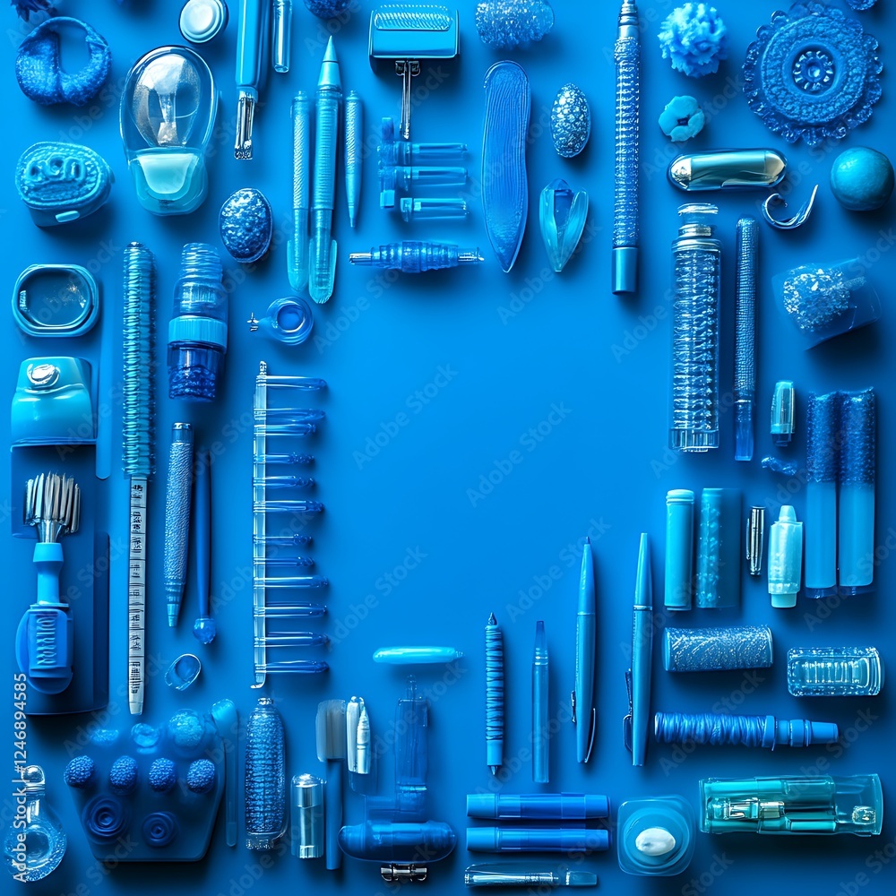 Blue objects frame, flatlay, studio, background, advertisement Stock ...