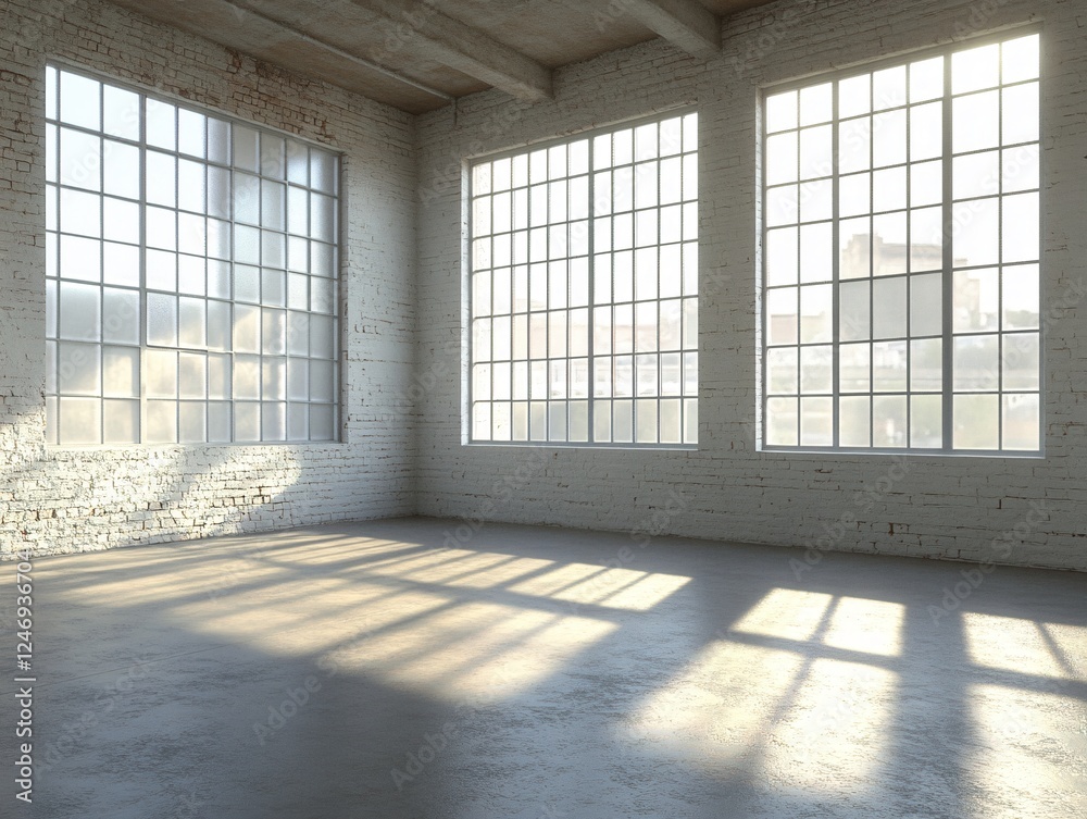 Bright light entering a spacious room with large windows and white ...