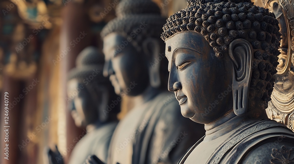 Row of Traditional Buddha Statues in a Sacred Asian Temple Environment ...
