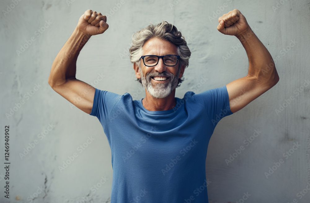 Happy 48 year old man in a blue shirt and glasses flexing his arms in ...