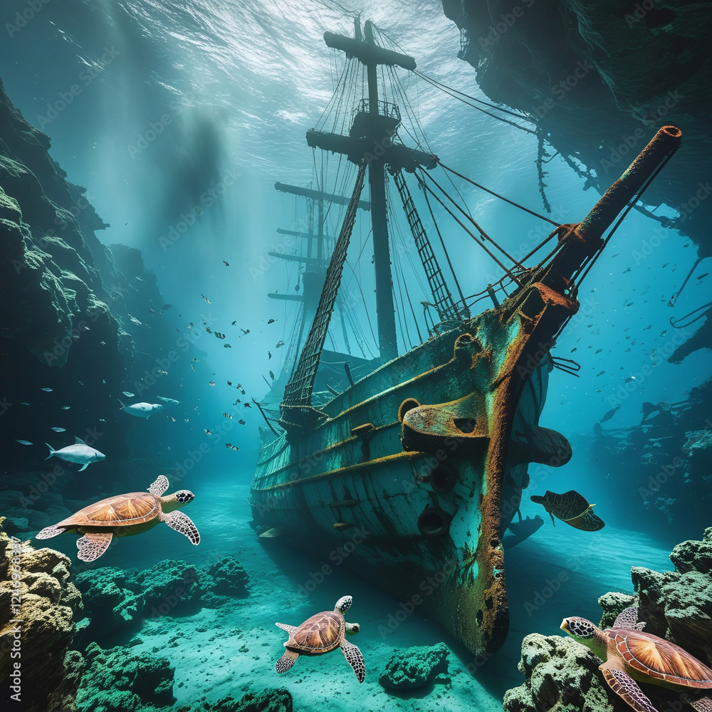 Underwater Shipwreck Exploration with Scuba Divers and Marine Life ...