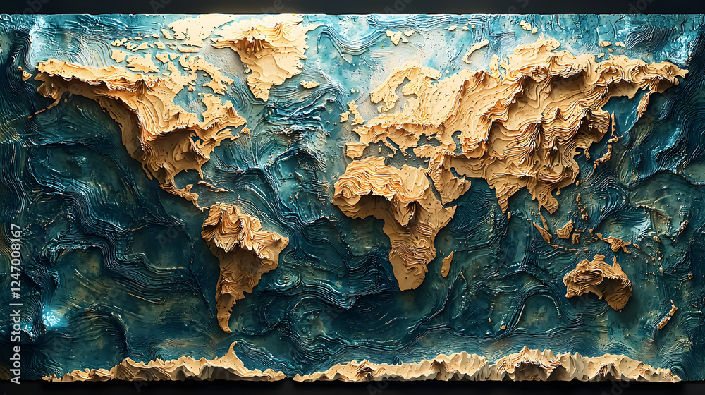 Three-Dimensional World Map Relief Sculpture: Artistic Geographic ...