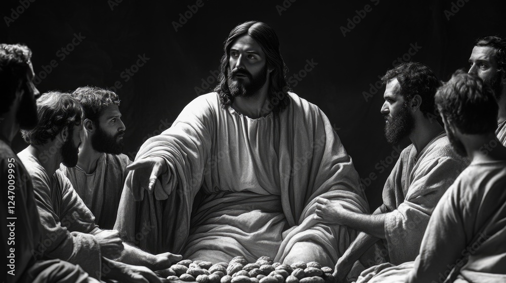 Depiction of the Last Supper scene where Jesus shares bread and wine ...