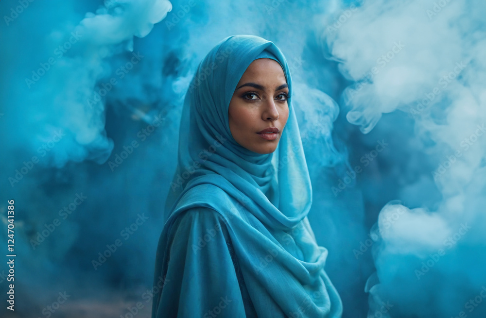 Artistic portrait of a young Muslim woman wears a flowing blue hijab ...