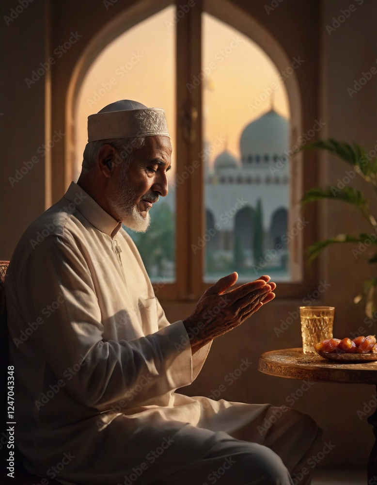 Portrait of Moslem elderly man in traditional Islamic clothing prays ...