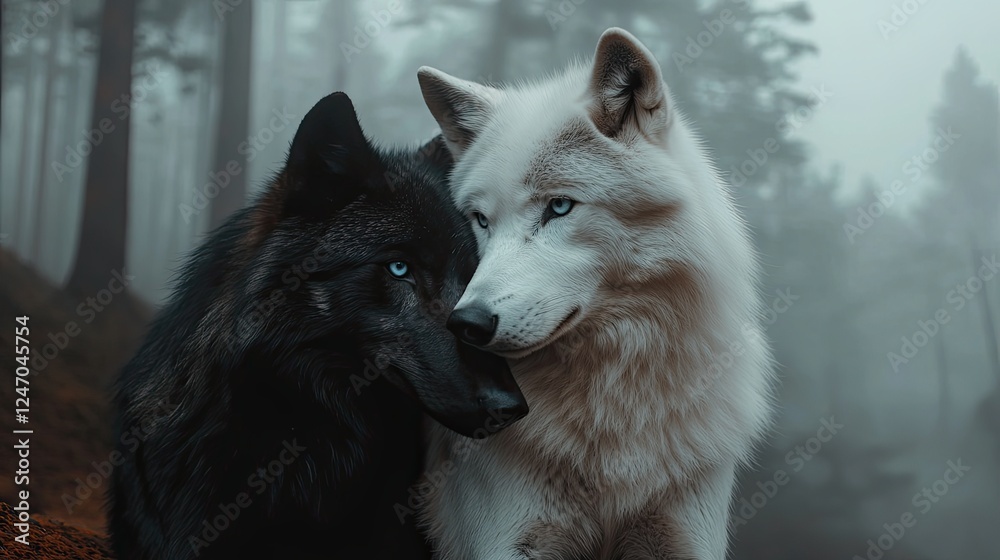 A white wolf with blue eyes and a black wolf with red eyes touch noses ...