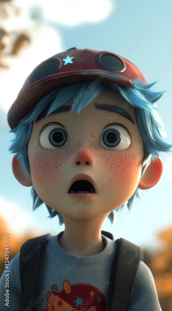 Surprised boy with blue hair and freckles, wearing a red cap, looking ...