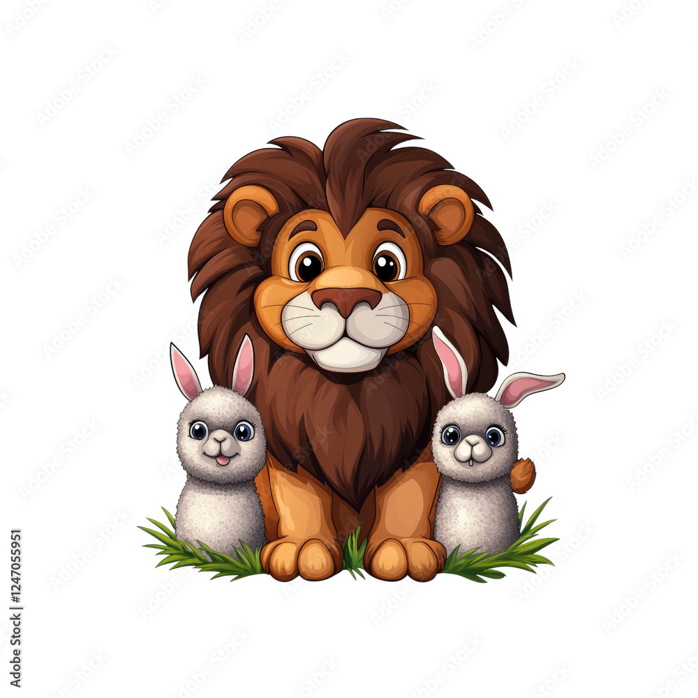 Majestic Lion with Two Adorable Bunnies A Cartoon Illustration Stock ...