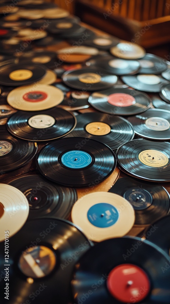 Vintage vinyl records scattered on a surface for music enthusiasts and ...