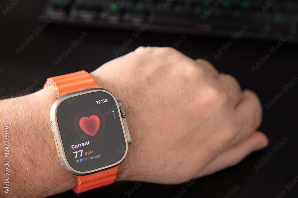 Athens Greece. Apple smart watch on a male wrist, closeup. Heartbeat ...
