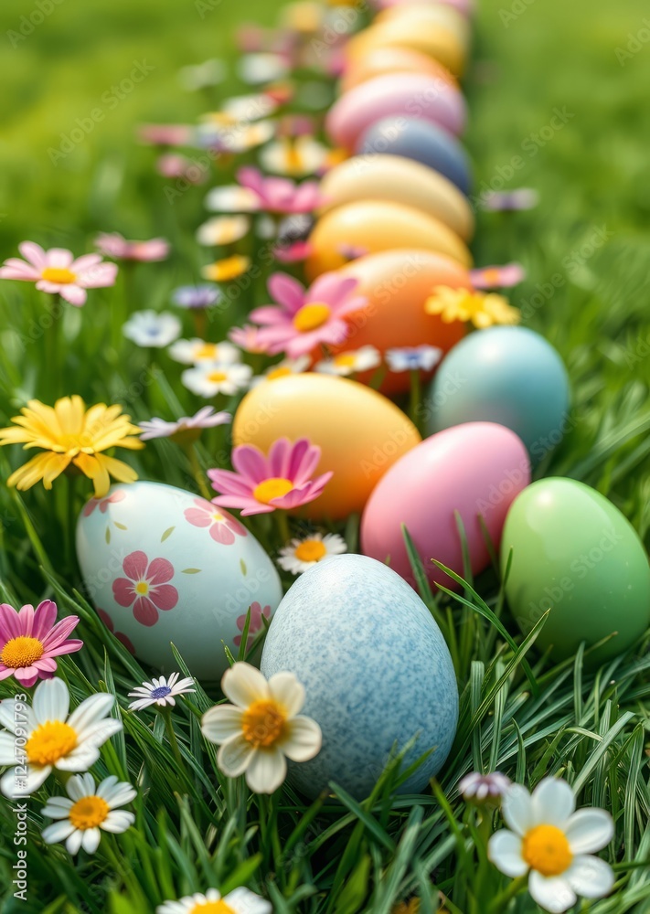 Easter holiday conceptcolorful flowers in the meadow sweet green candy ...