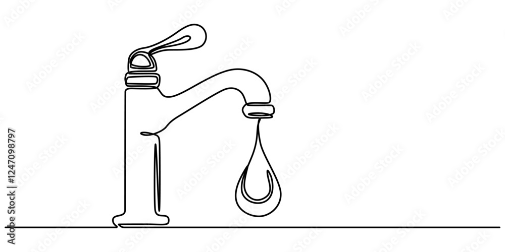 เวกเตอร์ Stock Water faucet with a drop of water one line drawn ...