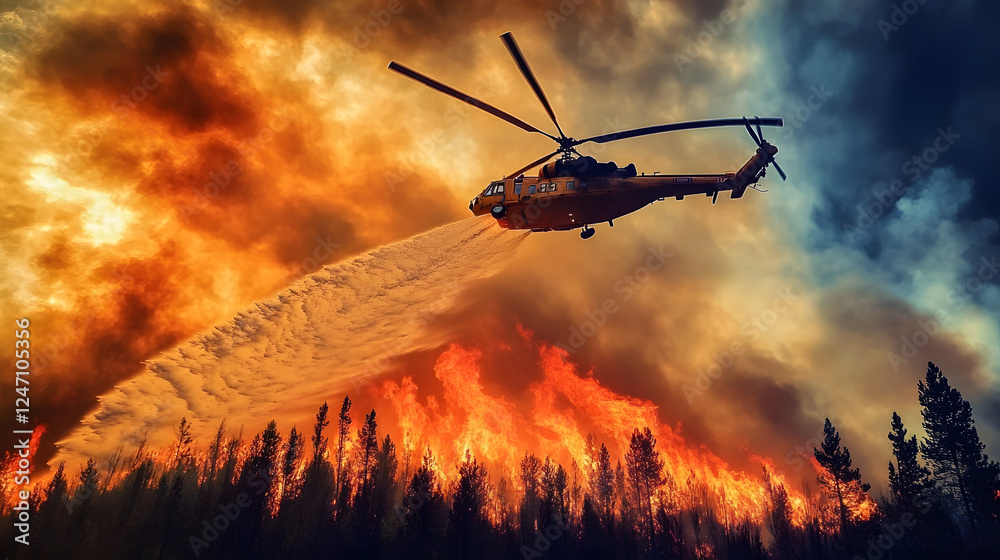 A fire helicopter drops water over a raging forest fire, highlighting ...