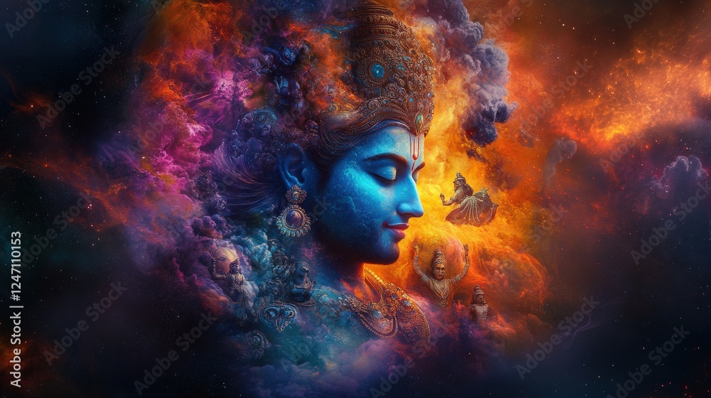 Lord Vishnu as the preserver of the universe, standing on a lotus ...