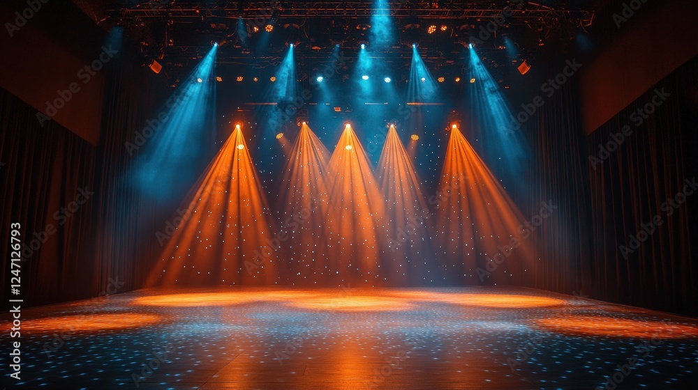 Dramatic stage lighting design with symmetrical light beams on empty ...