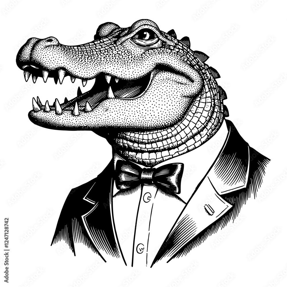 Crocodile Head Humanoid Wearing Tuxedo in Detailed Black and White ...