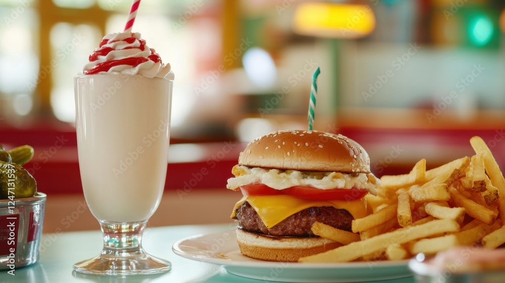 Classic american diner meal with cheeseburger, fries, and milkshake in ...