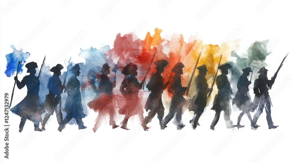 Silhouetted march of diverse soldiers in colorful watercolor art ...