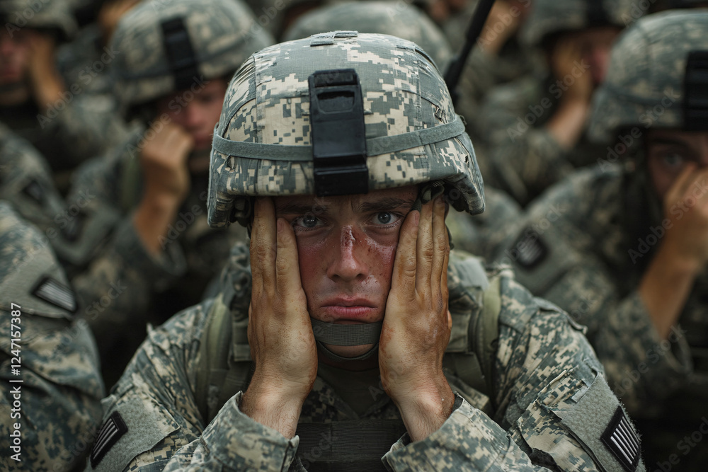 Group of Soldiers with Intense and Confused Expressions, Wearing ...