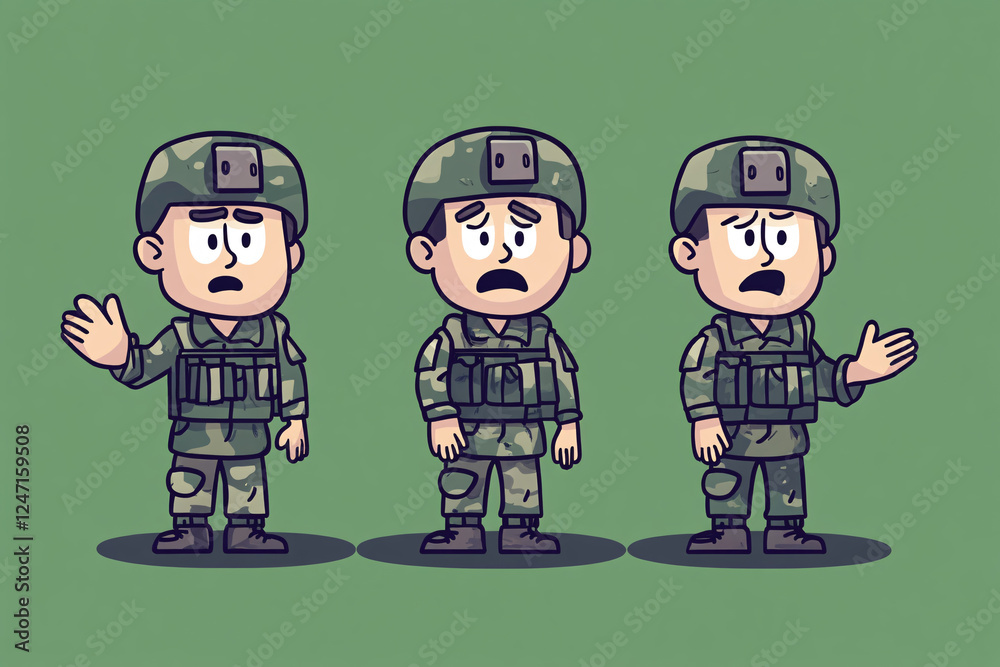 Cartoon Illustration of Military Soldiers with Confused Expressions ...