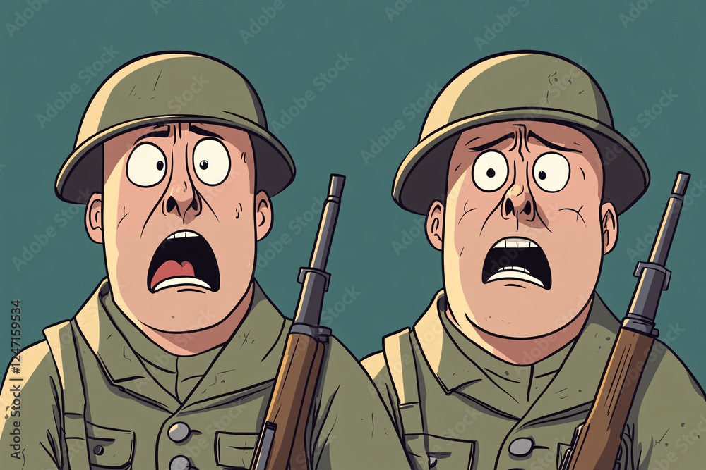 Cartoon Illustration of Military Soldiers with Confused Expressions ...