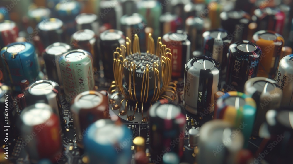 Toroidal core inductor with coiled copper wire, capacitors, resistors ...