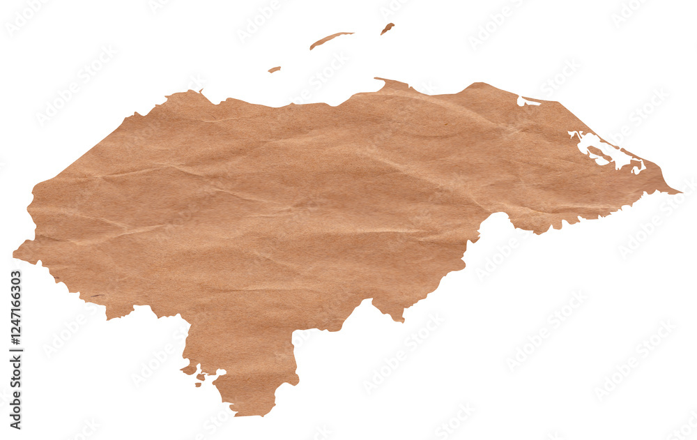 Wrinkled paper cutout map of Honduras with a textured brown surface and ...