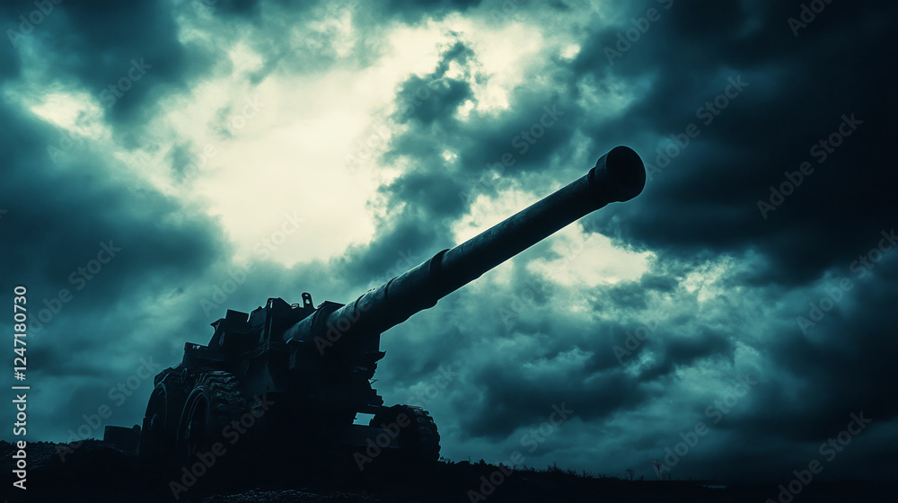 Heavy artillery howitzer fires under a dramatic stormy sky with ...