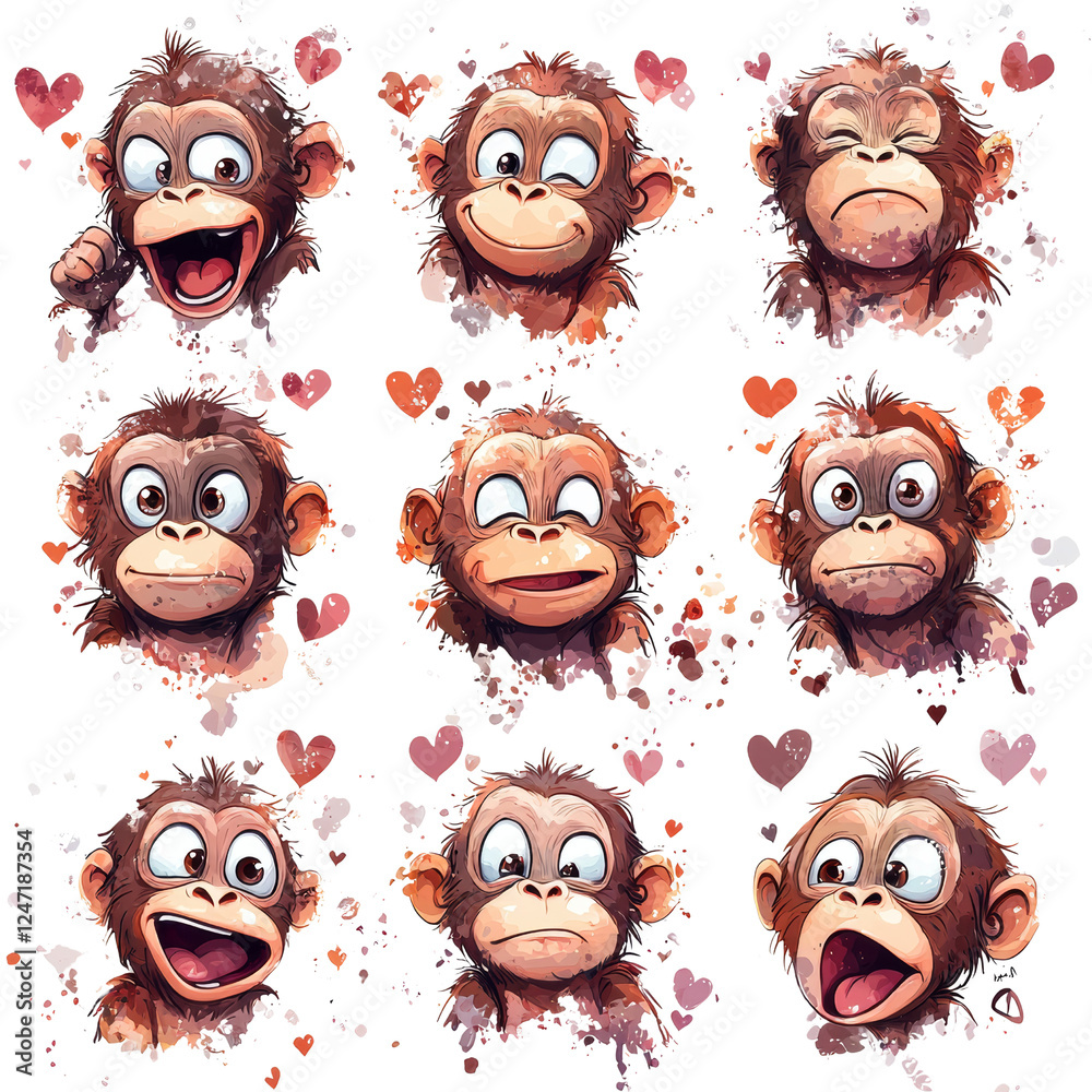 Ilustración de Stock Cute Cartoon Monkey Faces with Different ...