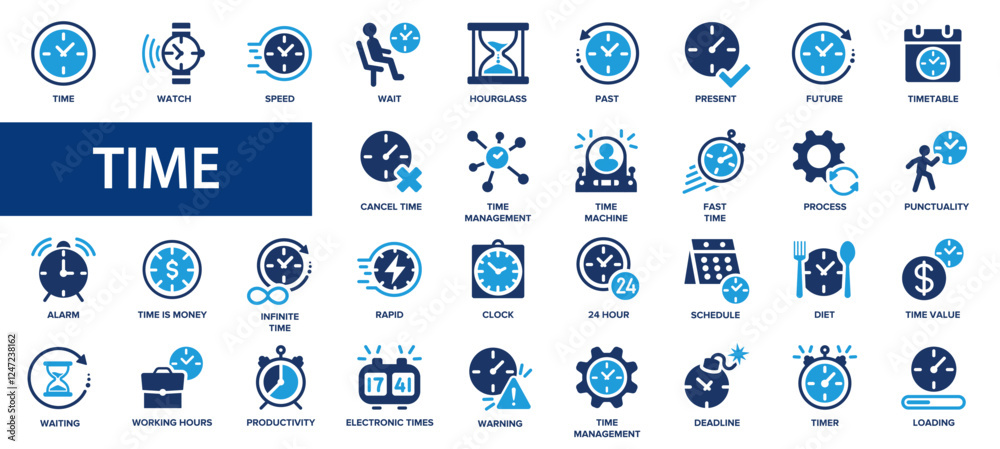 Time flat icons set. Timer, watch, alarm, schedule, hourglass, clock icons and more signs. Flat ...