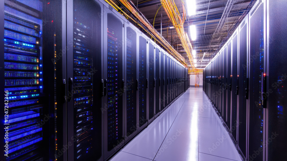 Data center corridor with rows of server racks illuminated by colorful LEDs and overhead ...