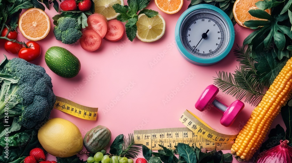 Healthy eating plan fruits, veggies, clock, dumbbell, pink background ...