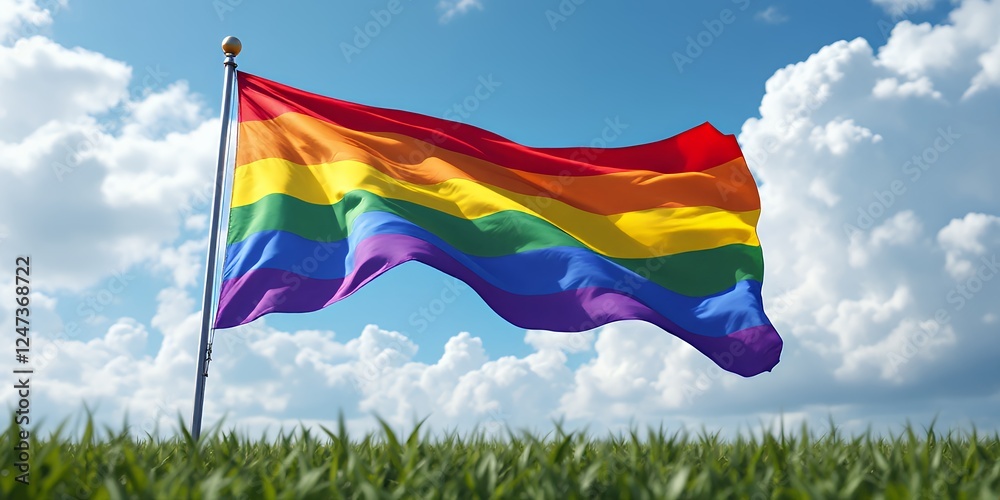 Colorful Flag Fluttering In Sunny Sky Over Lush Grass Representing ...