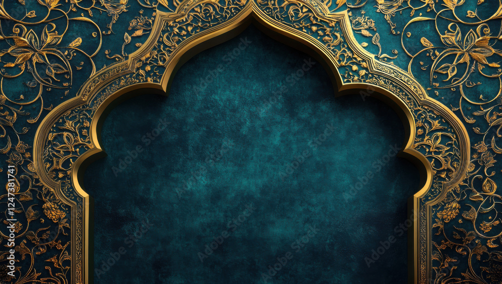 Blue Islamic background with golden ornament border pattern and green ...