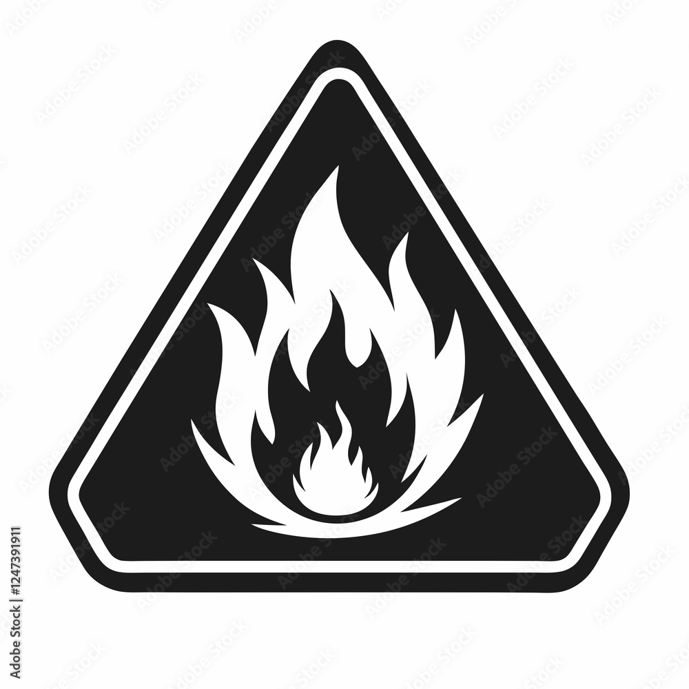 Black triangular warning sign with white flame symbol. Classic hazard ...