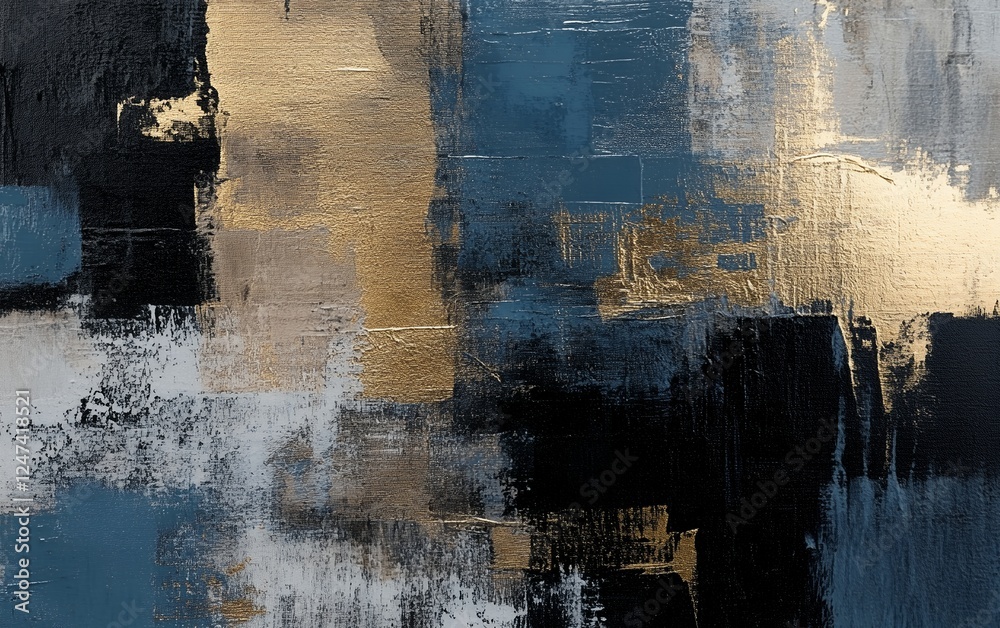 Elegant gold and navy blue abstract expressionist painting with ...