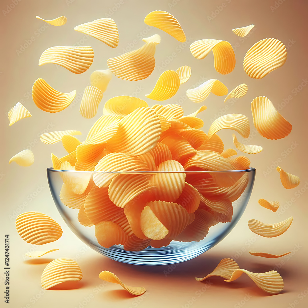Ilustración de Stock Flying ripple potato chips. Glass bowl and falling ...